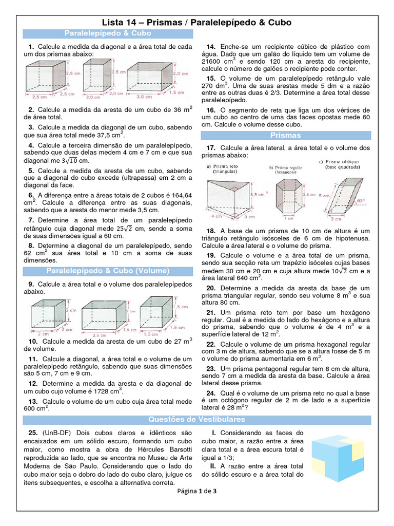 Lista de Exercícios - Prismas | PDF | Triângulo | Geometria Elementar