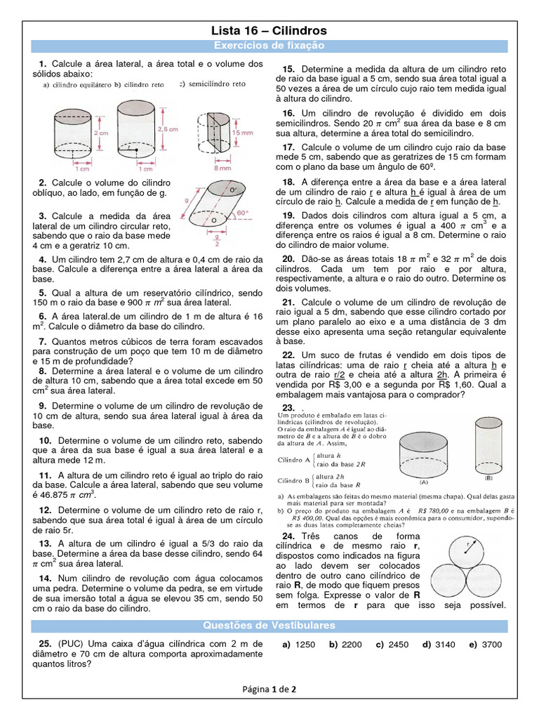 Lista de Exercícios - Cilindros | PDF | Euclides | Geometria