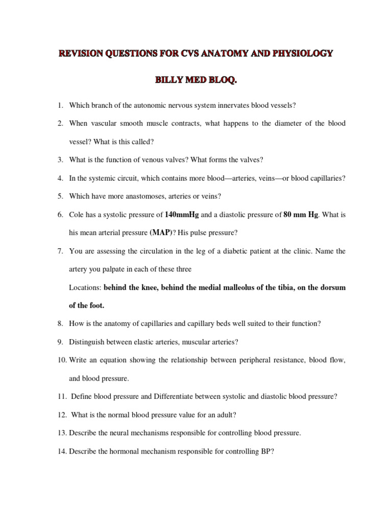 Revision Questions For CVS | PDF | Heart | Blood Pressure