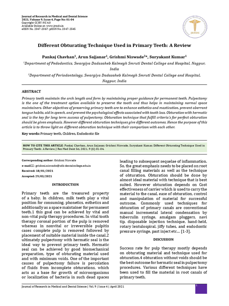 Different Obturating Technique Used in Primary Teeth A Review | PDF ...