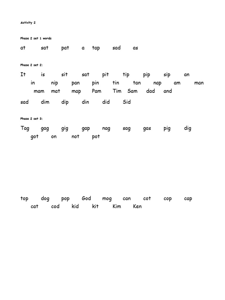 Phase 2 Set 1,2 and 3 CVC Words | PDF