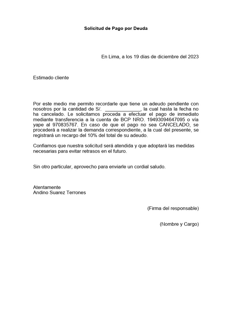 Ejemplo de Carta de Aviso de Deuda | PDF