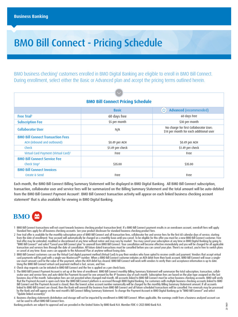 Bmo Bill Connect Pricing Schedule | PDF | Transaction Account | Overdraft