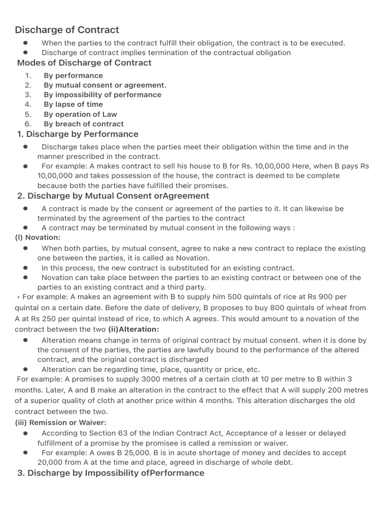 Discharge of Contract Explained | PDF | Breach Of Contract | Law Of ...