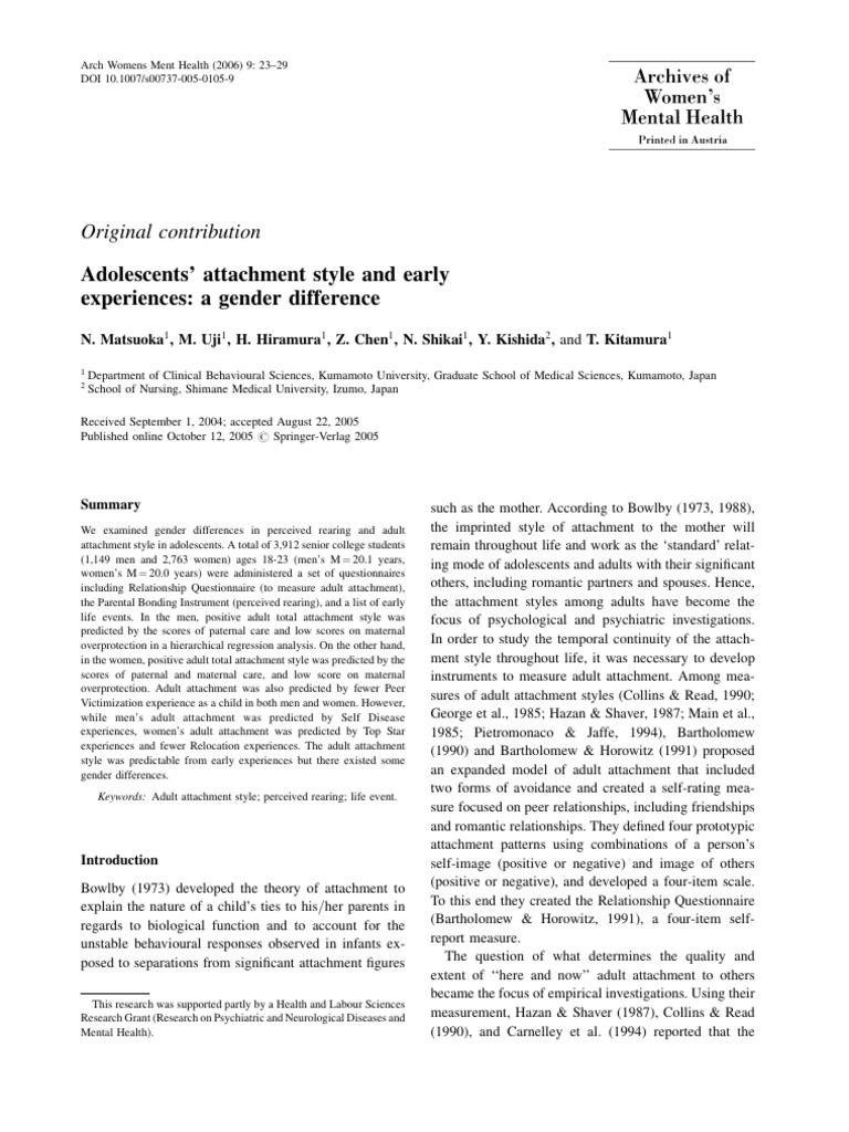 Adolescents' Attachment Style and Early Experiences - A Gender ...