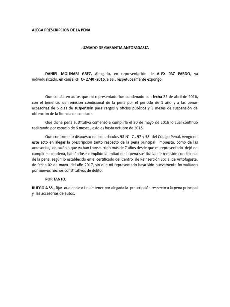 Alega Prescripcion de La Pena | PDF | Ciencias sociales | Derecho