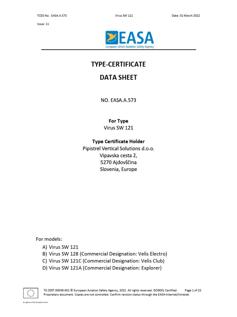 0 EASA Type Certificate For The Pipistrel SW121 Dated 18.04.2016. | PDF ...