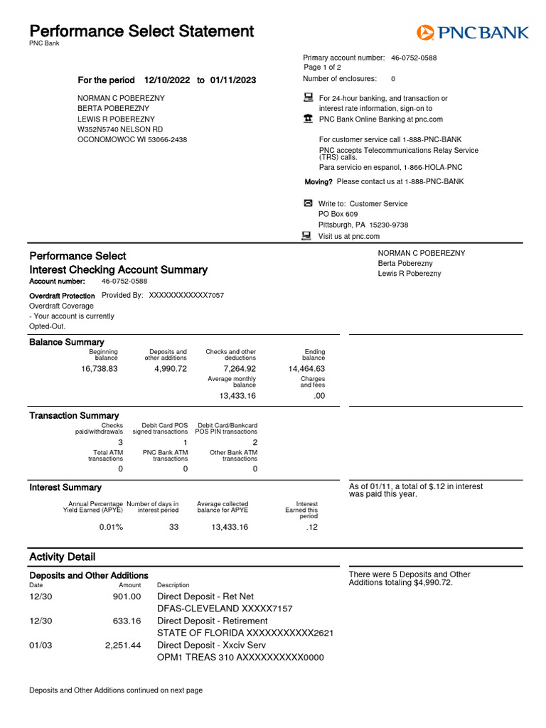 PNC Checking Acc Statement | Download Free PDF | Debit Card | Banks
