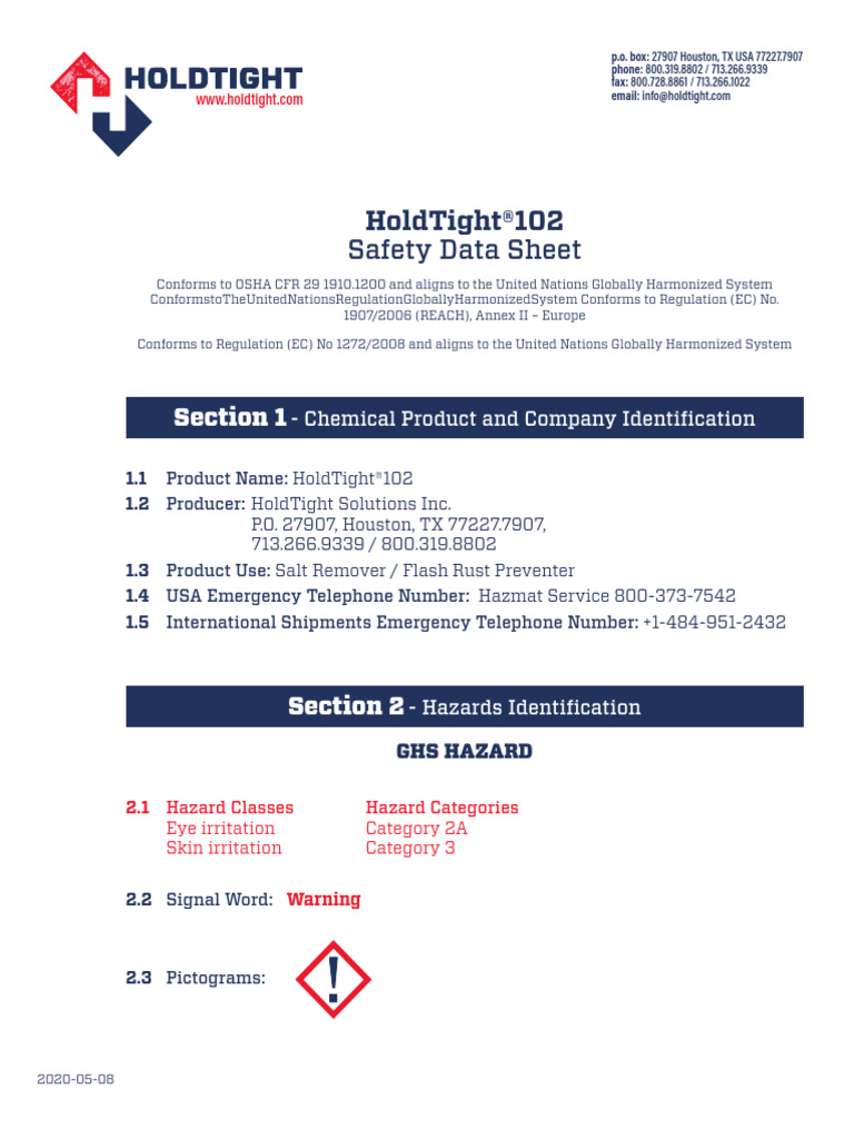 Holdtight Sds 8.5.20 Final | PDF | Dangerous Goods | Occupational ...