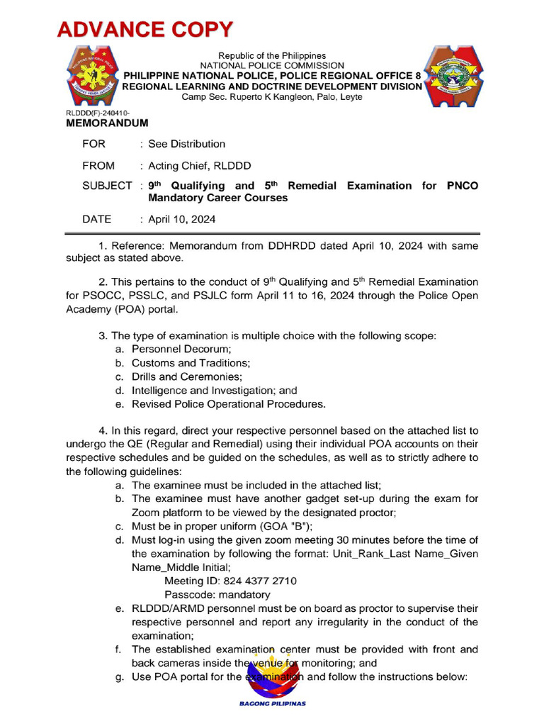 9th Qualifying and 5th Remedial Examination For PNCO Mandatory Courses | PDF