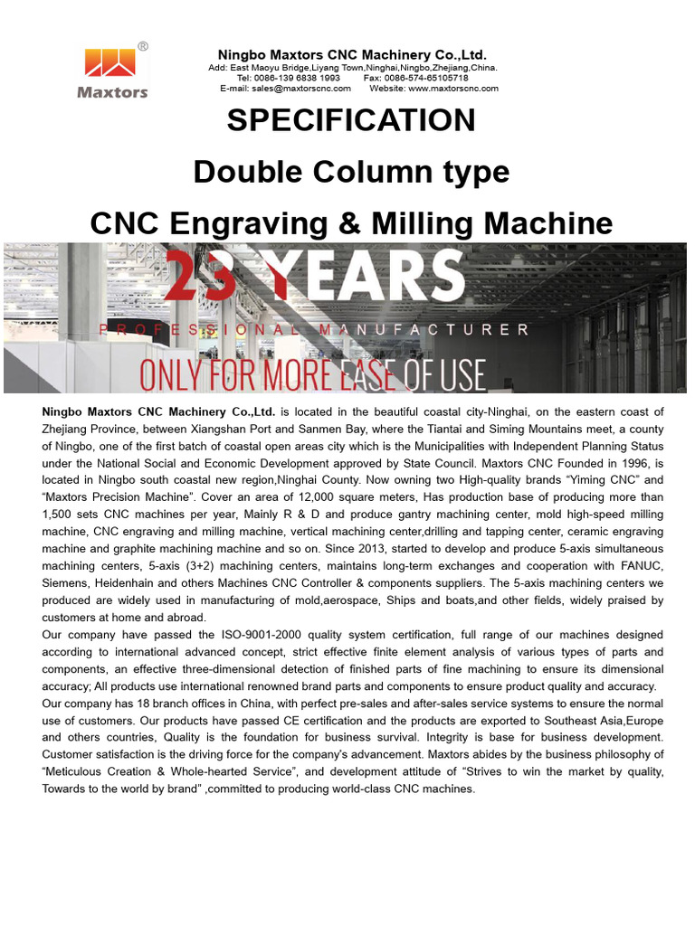 Specification Double Column Type CNC Engraving & Milling Machine | PDF ...