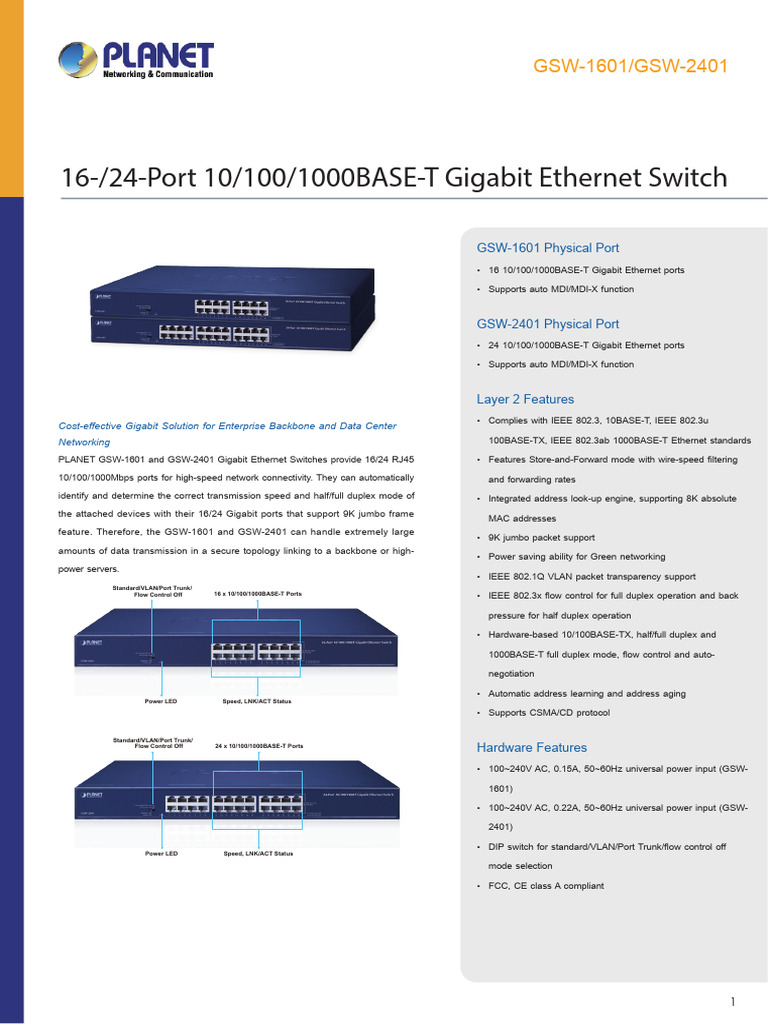 16-/24-Port 10/100/1000BASE-T Gigabit Ethernet Switch: GSW-1601/GSW-2401 | PDF | Network Switch ...