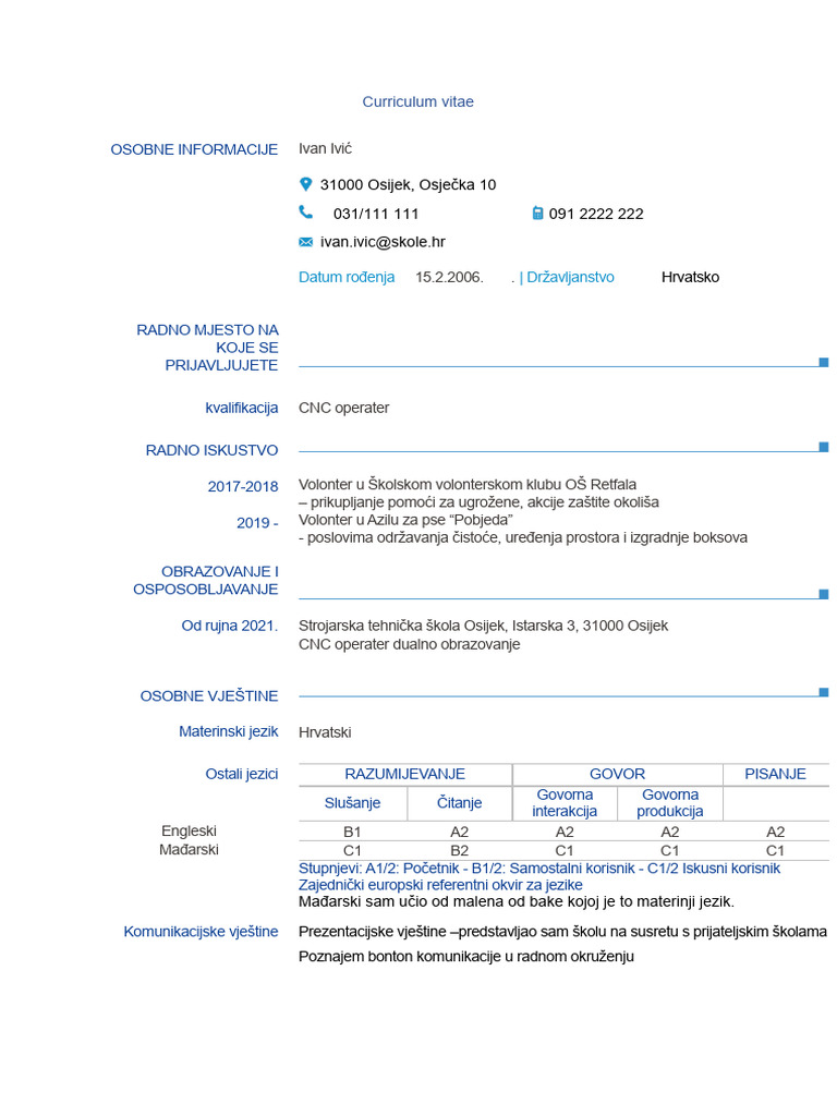 CV Curriculum Vitae Obrazac Za Promijeniti Svojim Podacima (Europass) | PDF