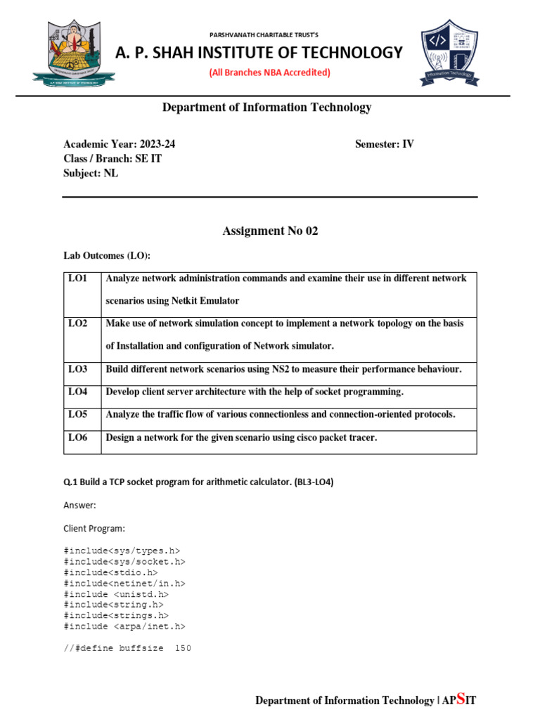 NL-Assignment No 2 - AY2023-2024 | PDF | Transmission Control Protocol | Port (Computer Networking)