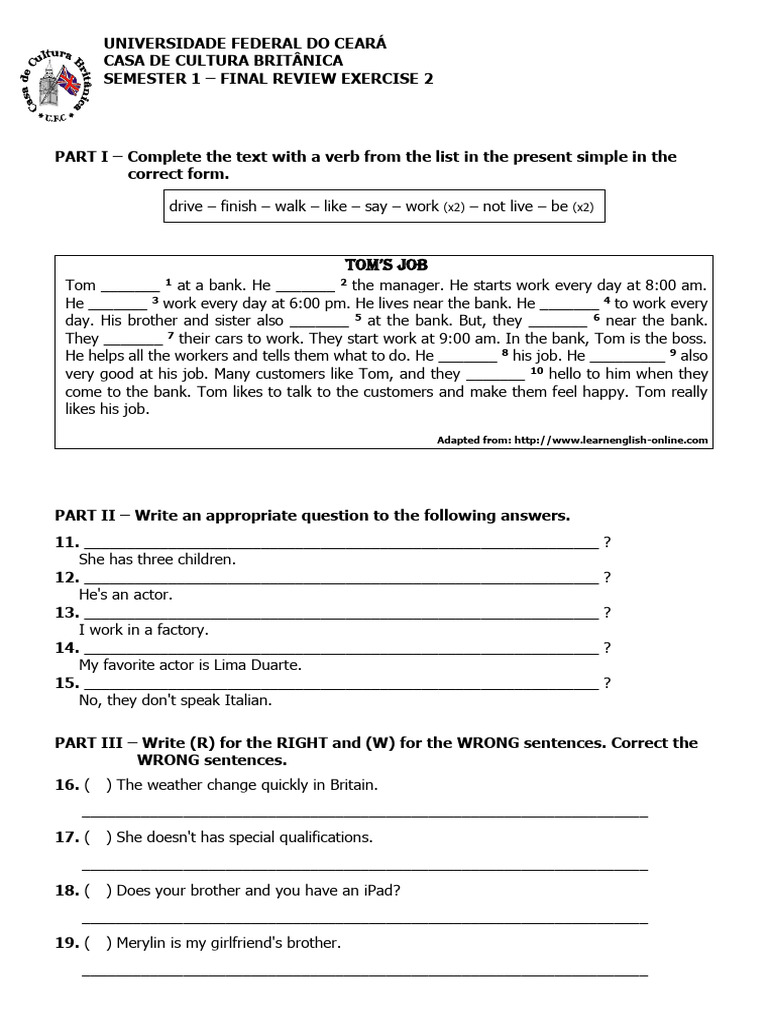 S1 Final Review Exercise 2 Pdf Foreign Language Studies