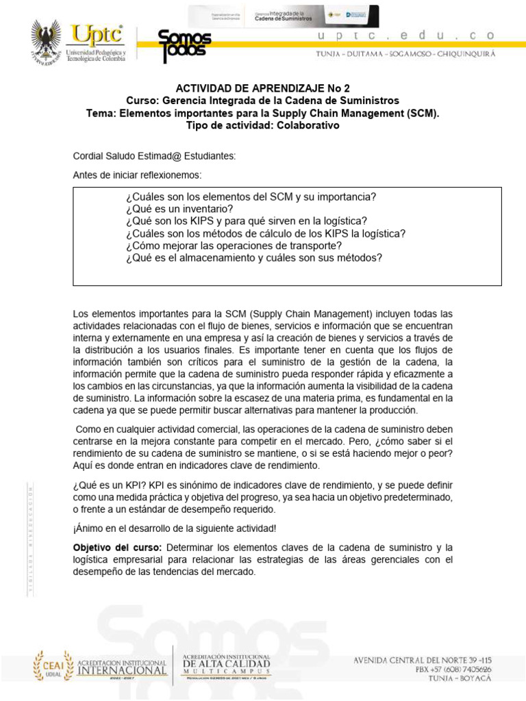 Actividad Aprendizaje N°2 (2024 - I) | PDF | Gestión de la cadena de suministro | Cadena de ...