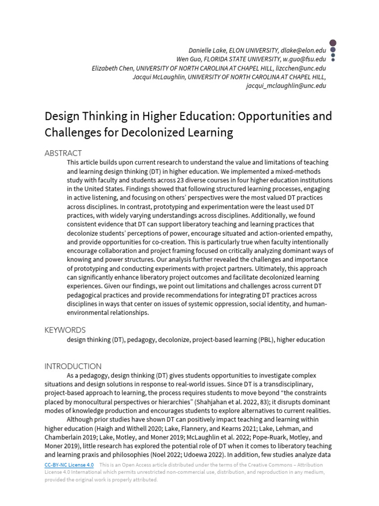 Design Thinking in Higher Education Opportunities | PDF | Design Thinking | Thought