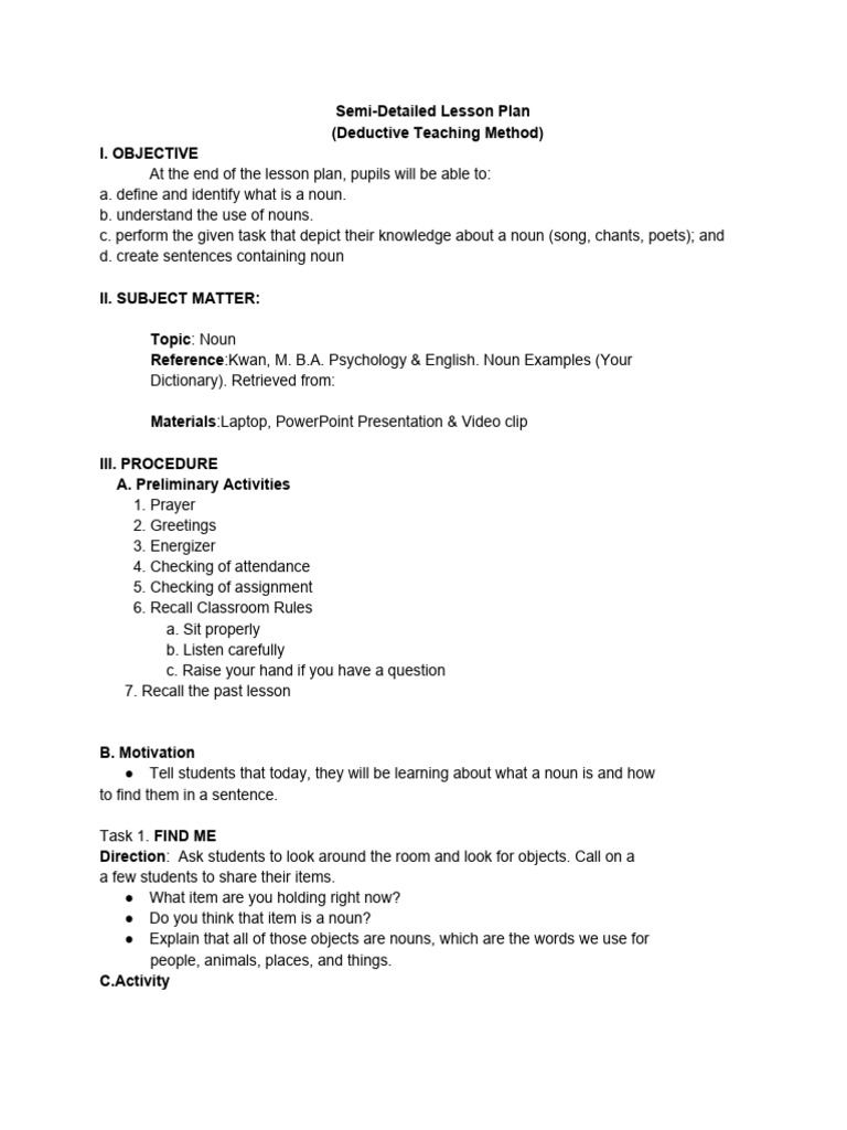 Semi-Detailed Lesson Plan | PDF | Lesson Plan | Noun