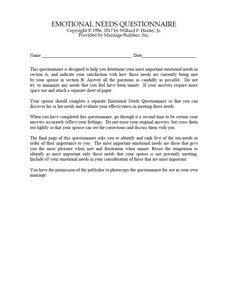 Marriage Builders Emotional Needs Questionnaire Editable | PDF ...