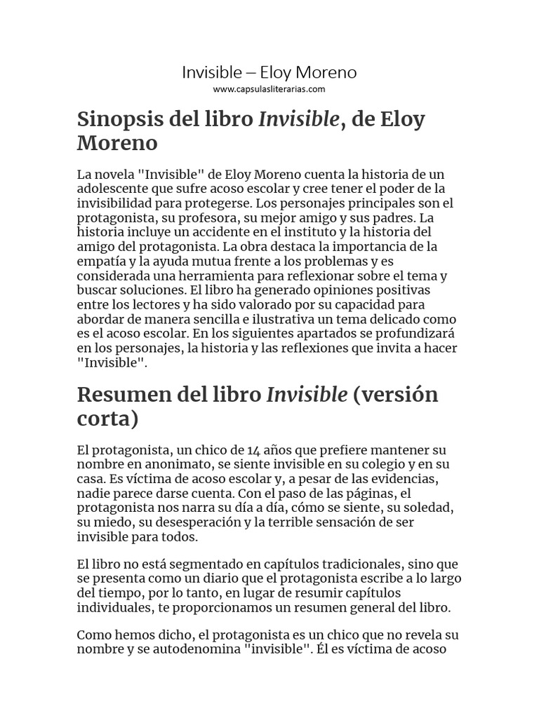 Resumen de Invisible - Eloy Moreno | PDF | Literatura infantil | Sicología