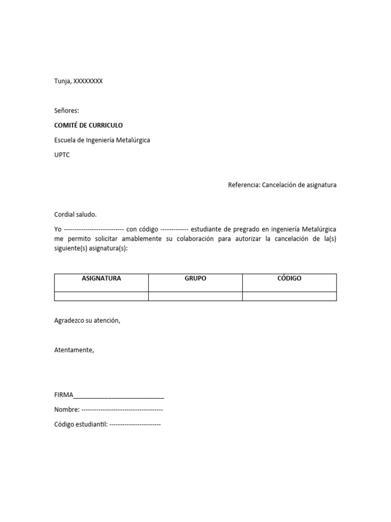 Solicitud Cancelación Asignatura Ingeniería UPTC | PDF