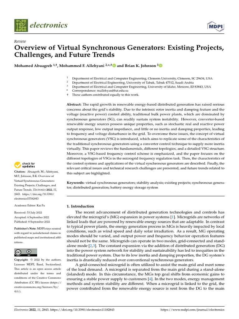 Electronics: Overview of Virtual Synchronous Generators: Existing ... Electronics: Overview of Virtual Synchronous Generators: Existing ...