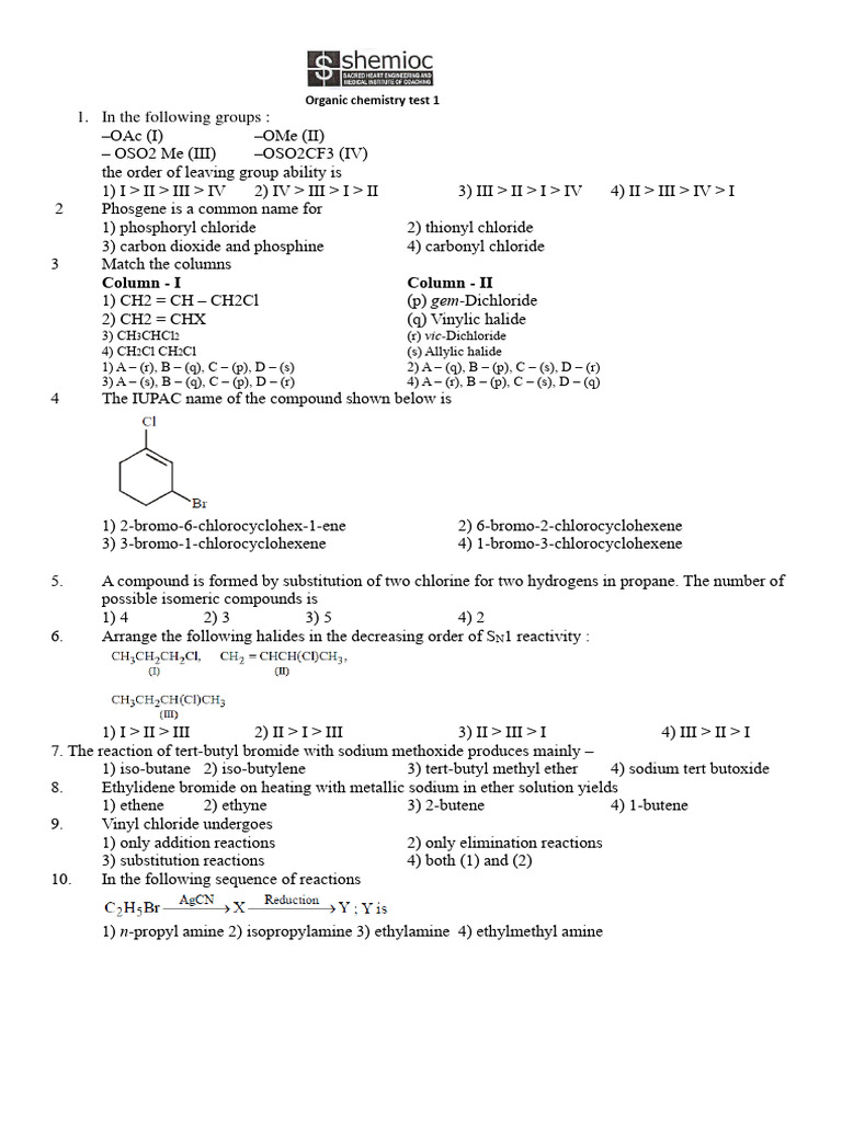 Organic Chemistry Test Questions and Answers | PDF | Ether | Chemical ...