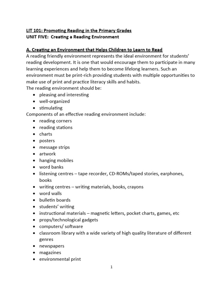 LIT UNIT FIVE CREATING A READING ENVIRONMENT | PDF | Books | Literacy