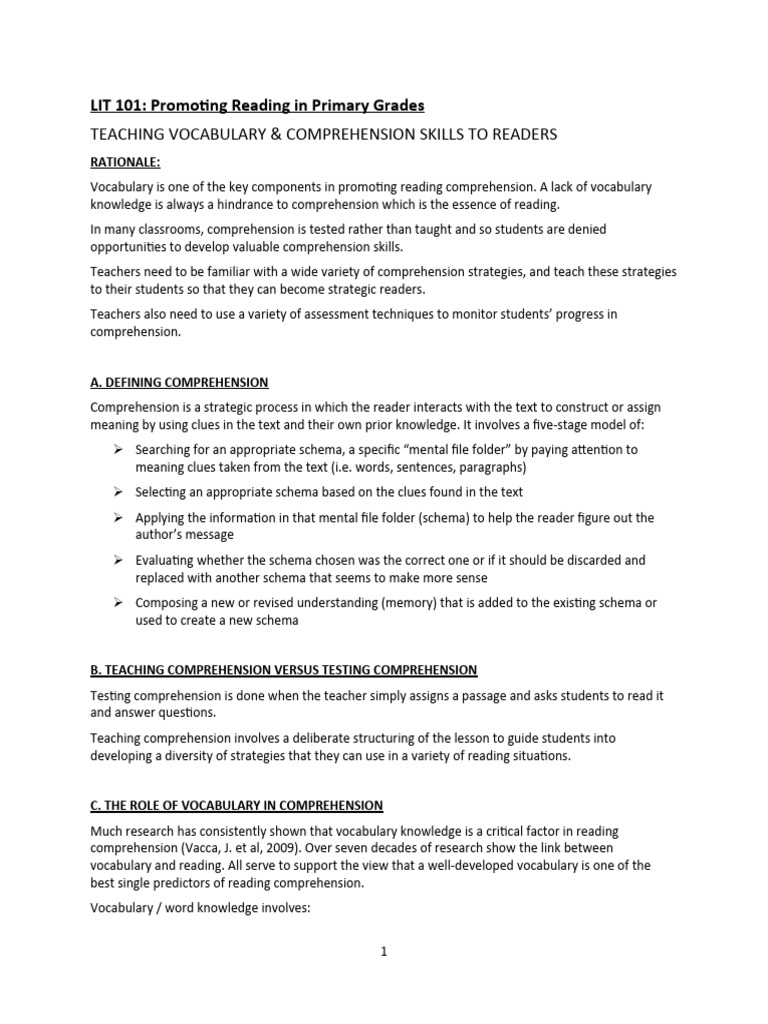 Teaching Vocabulary and Comprehension Skills To Readers | PDF | Reading ...
