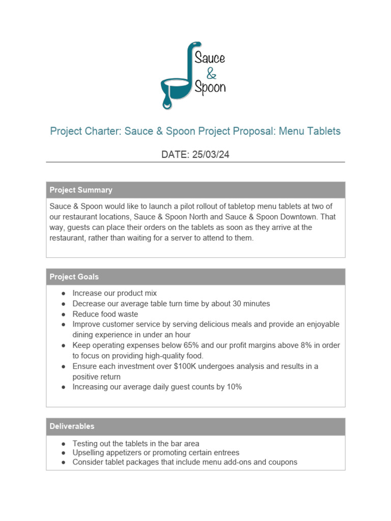 Project Charter | PDF | Menu | Restaurants