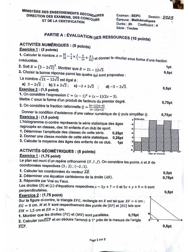 BEPC Maths 2023 | PDF