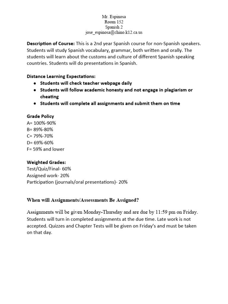 Spanish 2 Course Overview and Policies | PDF | Human Communication