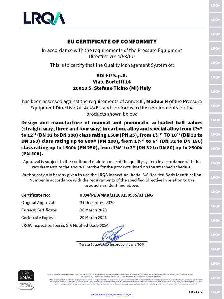 Certificat Ce Robinet Spherique Adler | PDF | Valve | Legal Liability