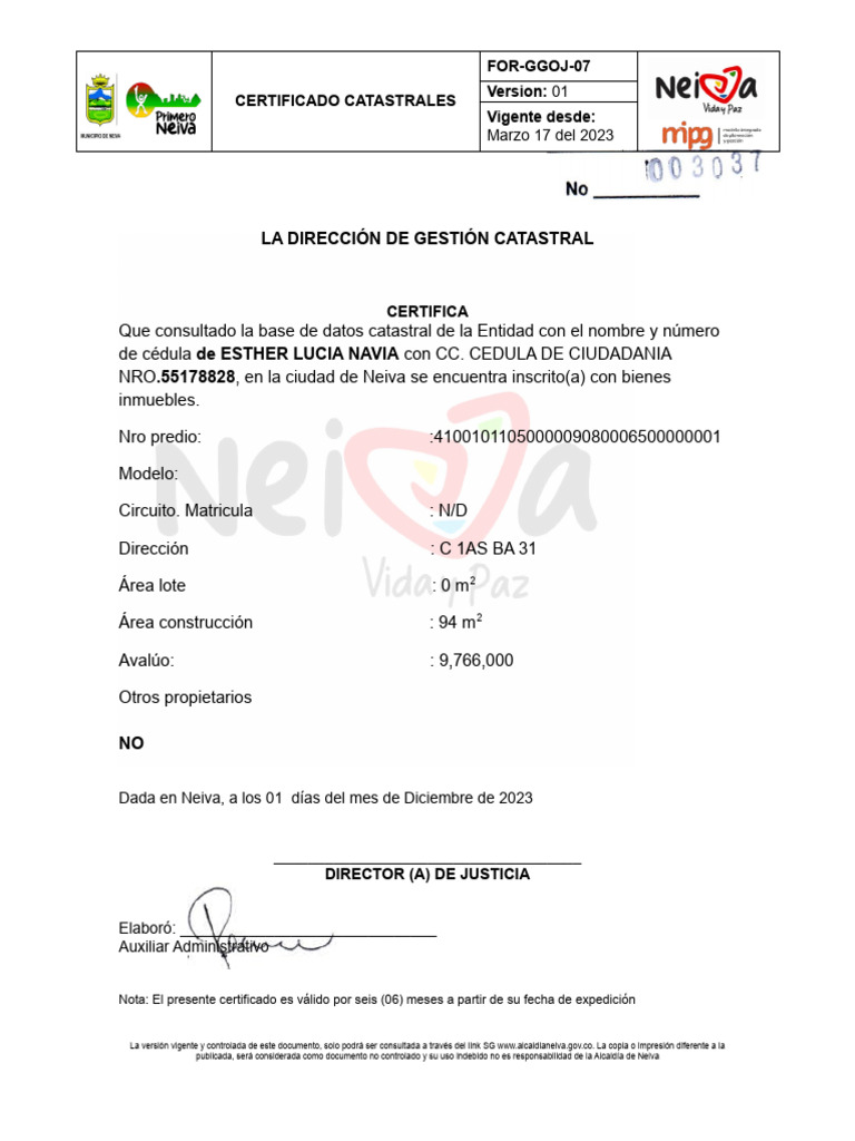 Certificado Catastral de Esther Navia | PDF