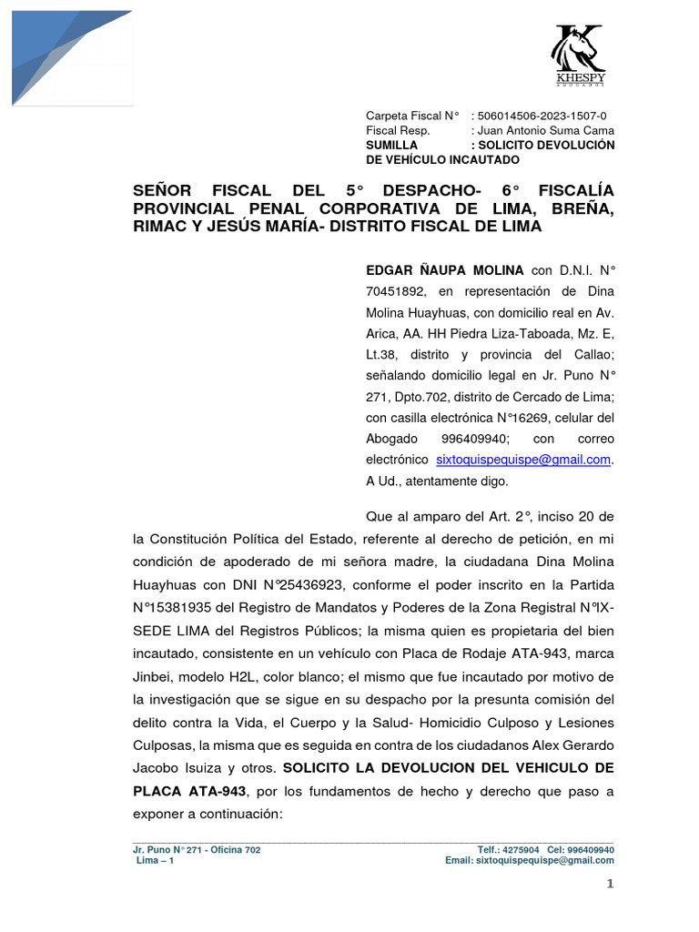 Devolución de Vehículo - Modelo | Descargar gratis PDF | Policía | Ley procesal