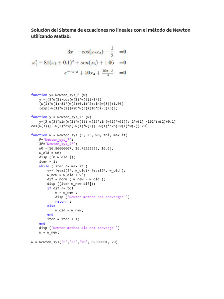 Método Newton (Varias Variables) - Matlab | PDF | Teaching Methods & Materials