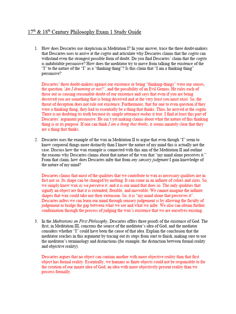 17th & 18th Century Philosophy Exam 1 Study Guide | PDF | René ...