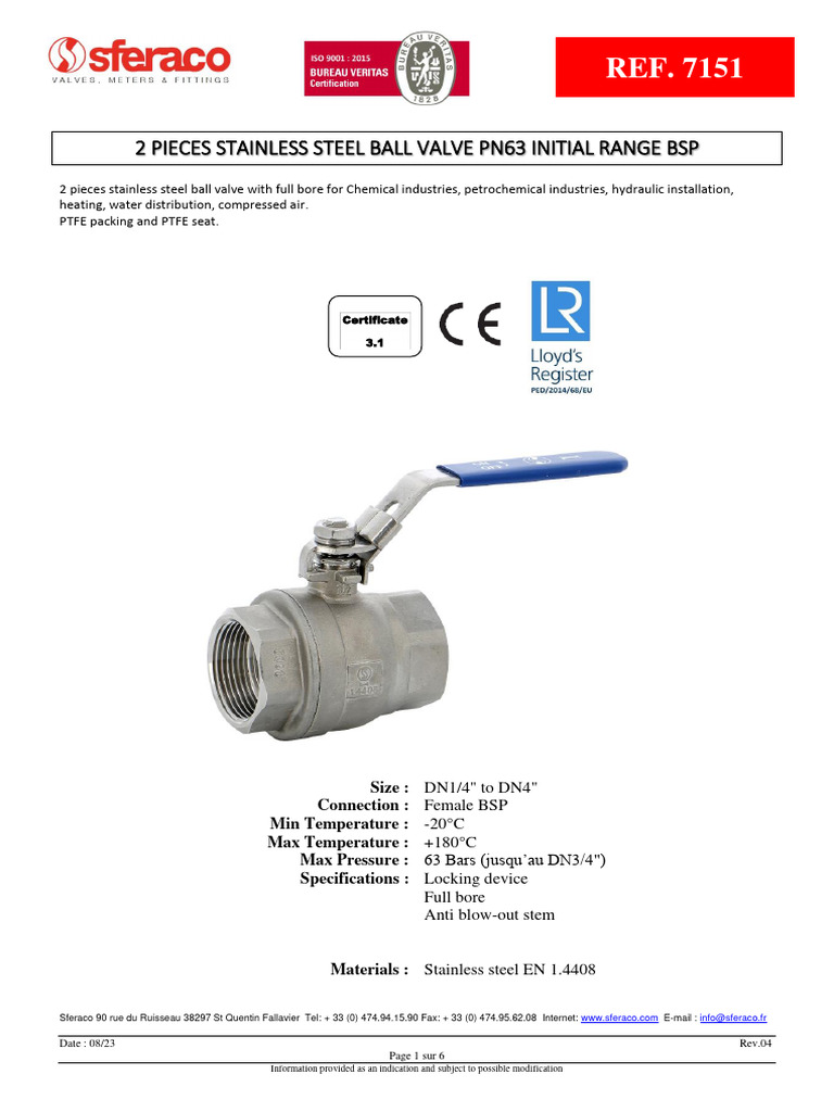 Stainless Steel Ball Valve PN63 BSP | PDF | Valve | Gas Technologies