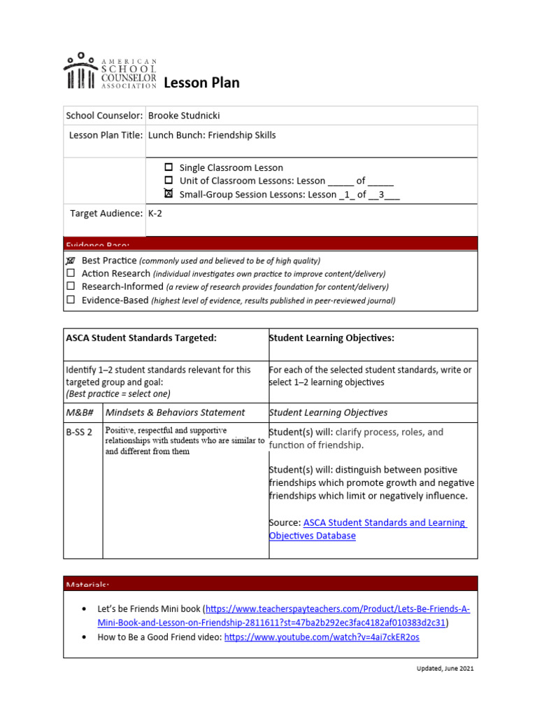 Friendship Skills Lesson Plan K-2 | PDF | Learning | Peer Review
