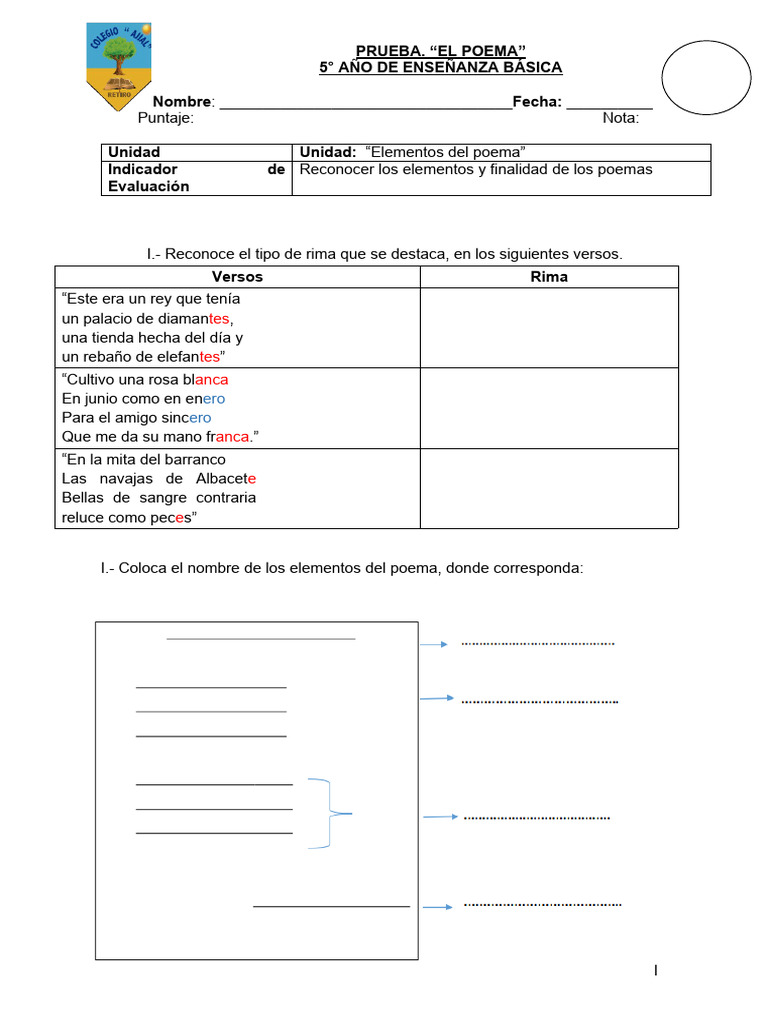 Evaluación de Poesía para Quinto Grado | PDF