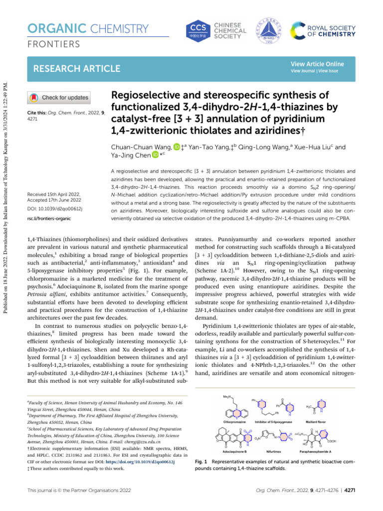 Org. Chem. Front., 2022, 9, 4271-4276 | Download Free PDF | Thiol ...