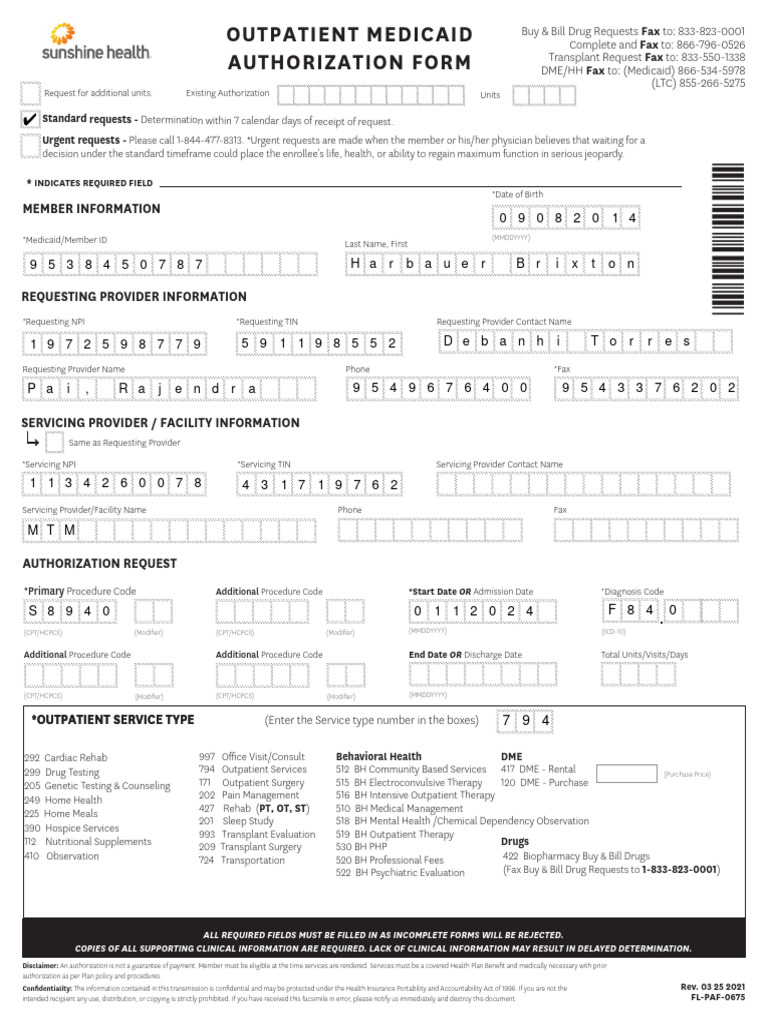 Outpatient Medicaid Authorization Form | PDF | Patient | Physical Therapy