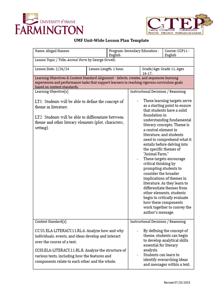 tws 1 animal farm - hanson | PDF | Learning | Lesson Plan
