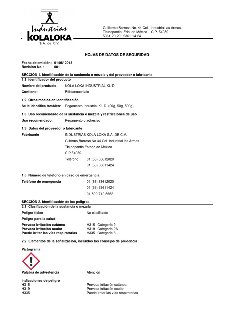 Kola Loka Hoja de Seguridad | PDF | Administración de Seguridad y Salud Ocupacional | Agua