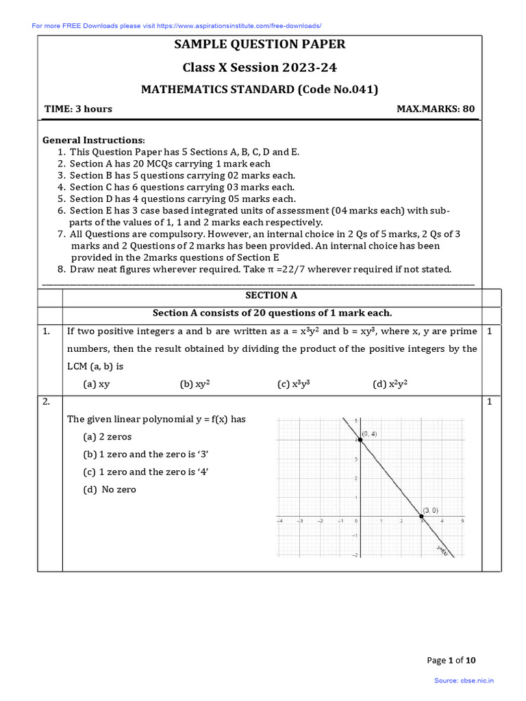 Class X Mathematics Sample Paper 2023-24 | PDF | Circle | Area