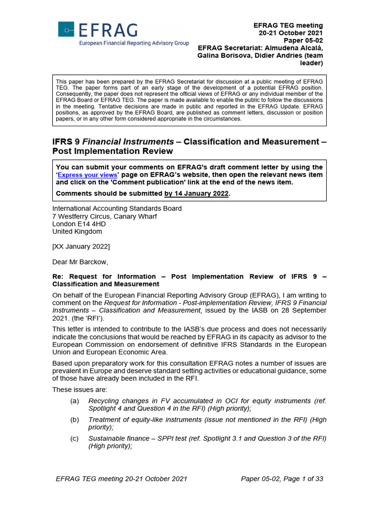 05-02 - IFRS 9 PIR - EFRAG Draft Comment Letter - EFRAG TEG 21-10-20 | PDF | Fair Value ...