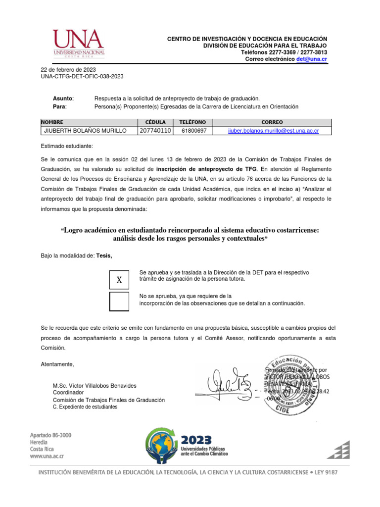 Una CTFG Det Ofic 038 2023 Anteproyecto Jiuberth Bolaños Firmado | PDF ...