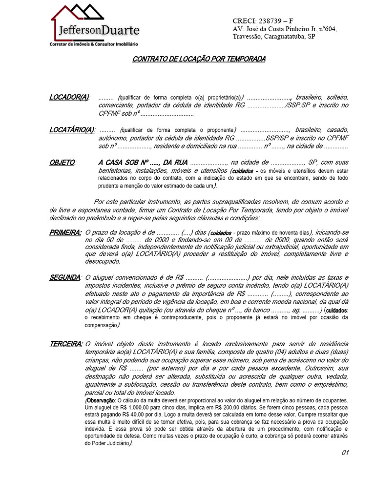 Contrato de Locação Temporada | PDF | Aluguel | Cheque (banco)
