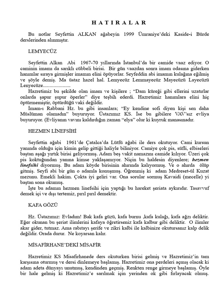 Hatiralar Seyfettin Alkan | PDF