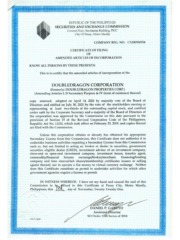 DoubleDragon Corporation - Certificate of Filing of Amended Articles of ...